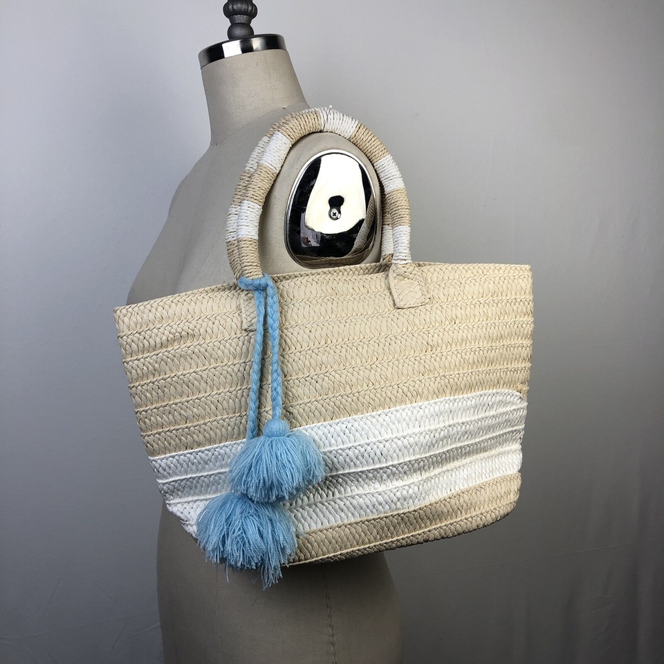 ALTRU Straw Mini Tote Bag Purse For Beach/Shopping 16" X 10" Tan/White ...