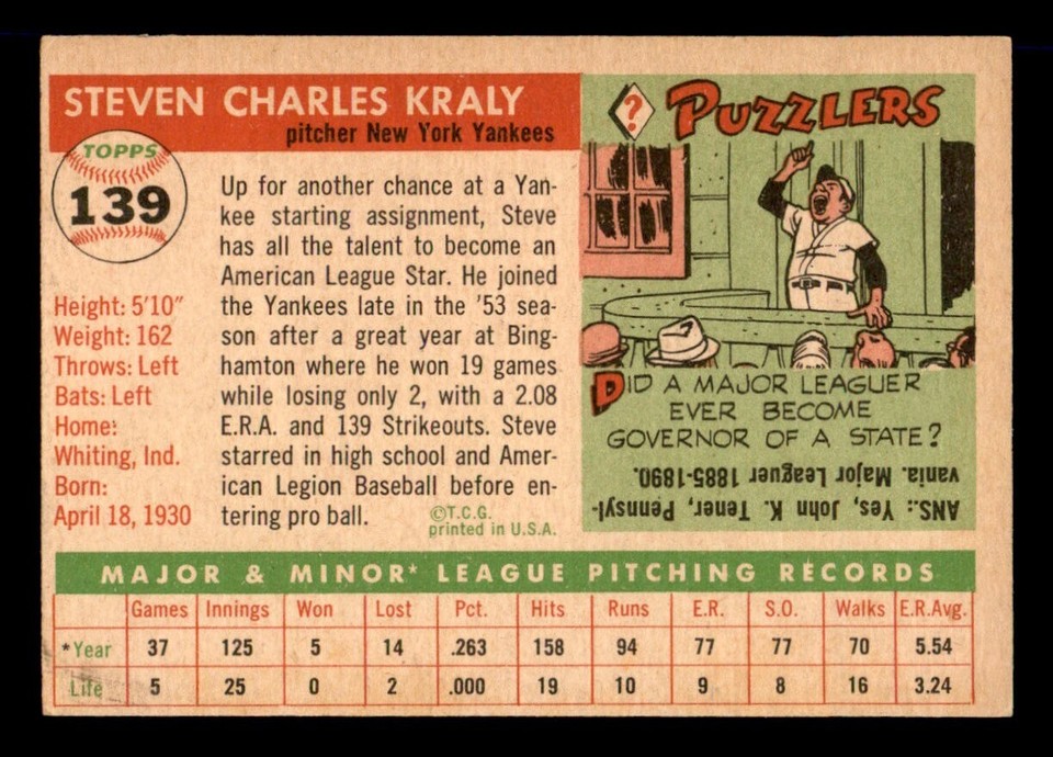 1955 Topps Baseball #139 Steve Kraly EX/MT | eBay