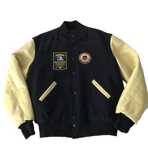 Vintage Michigan Navy Wool & Leather Embroidered Varsity Jacket w ...