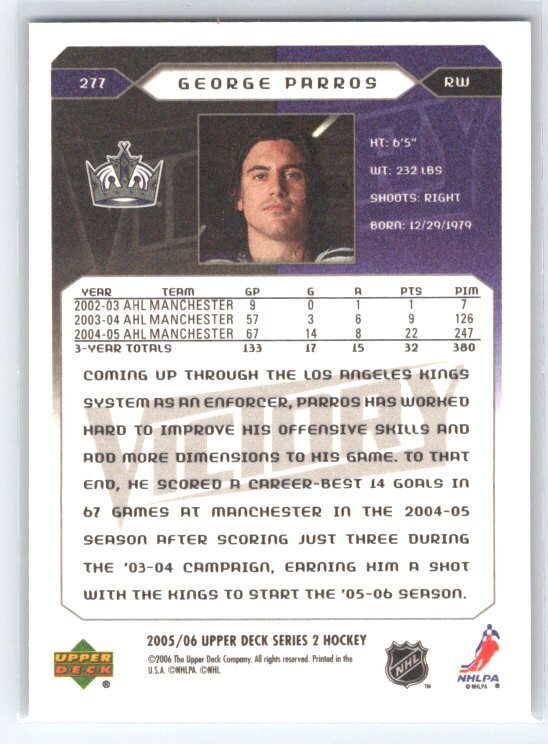 2005 Upper Deck George Parros #277 RC Rookie Victory Update Los Angeles ...