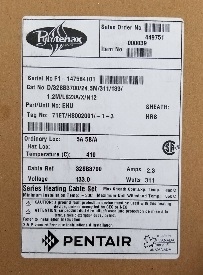 Pentair Pyrotenax Series Heating Cable D/32SB3700/24.5M/311/133. New ...