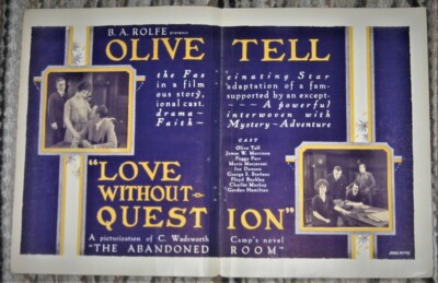 ORIGINAL 1920 MYSTERY SILENT LOST FILM POSTER LOVE WITHOUT QUESTION ...