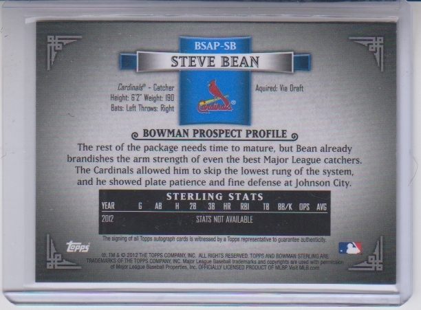 2012 Bowman Sterling Steve Bean Prospects Autograph NM Condition | eBay