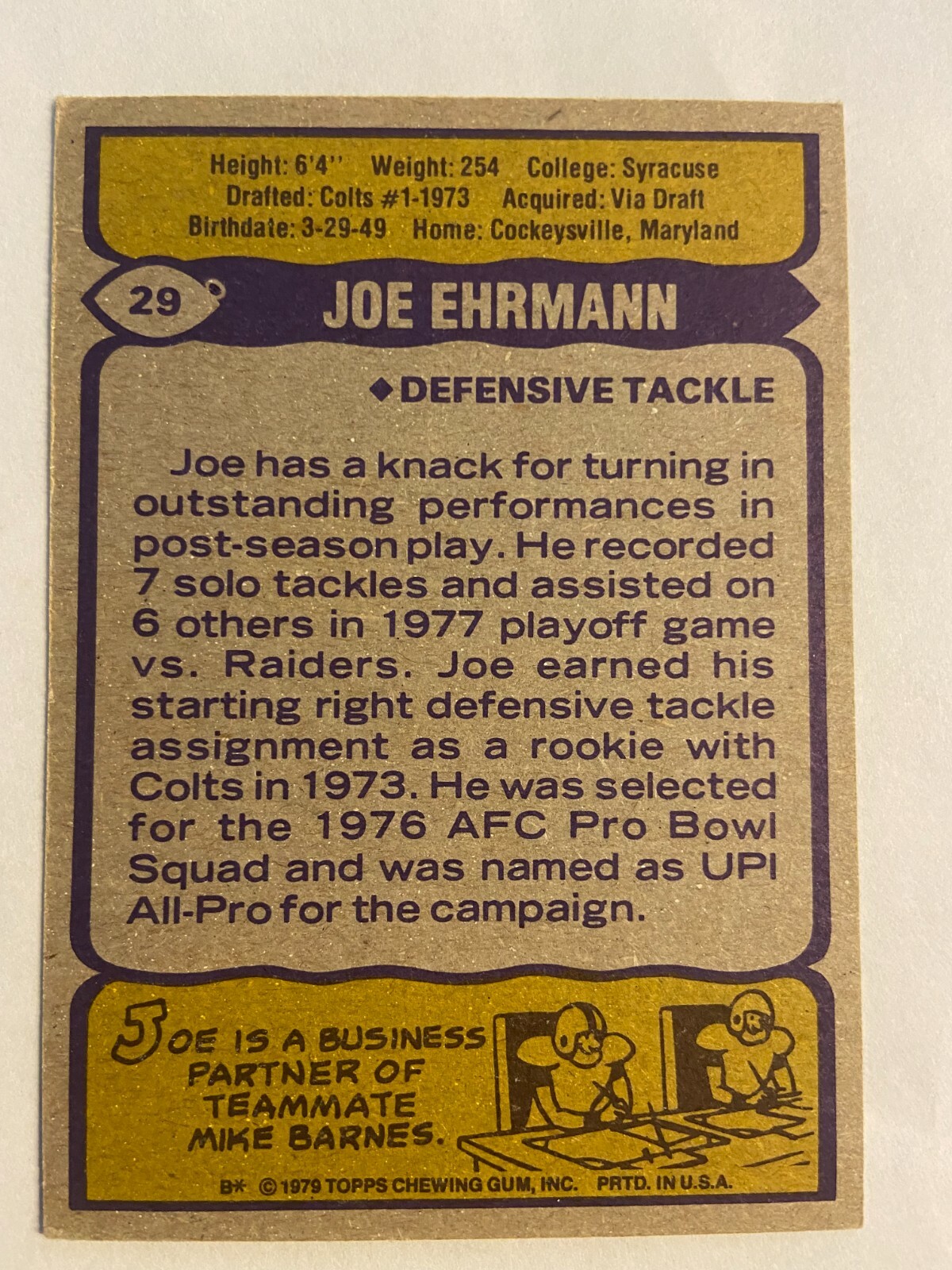 1979 Topps #29 Joe Ehrmann Baltimore Colts | eBay