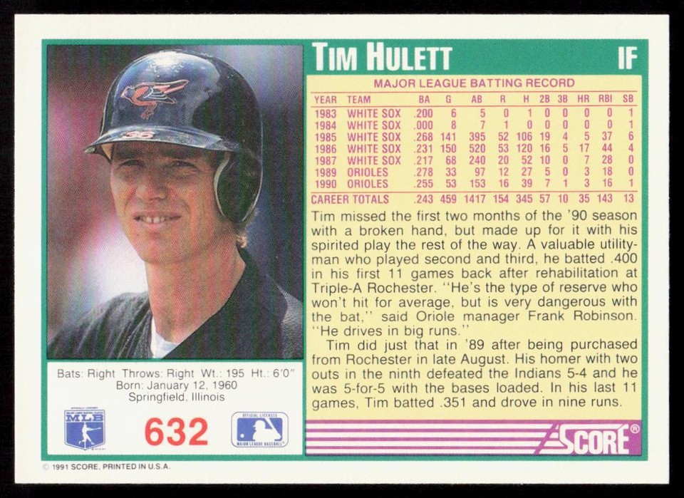 1991 Score 632 Tim Hulett Baltimore Orioles | eBay