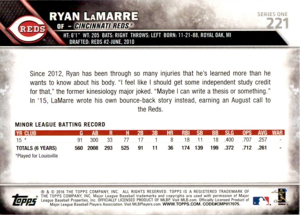 2016 Topps Ryan LaMarre Rookie Cincinnati Reds #221 MLB Baseball Card ...