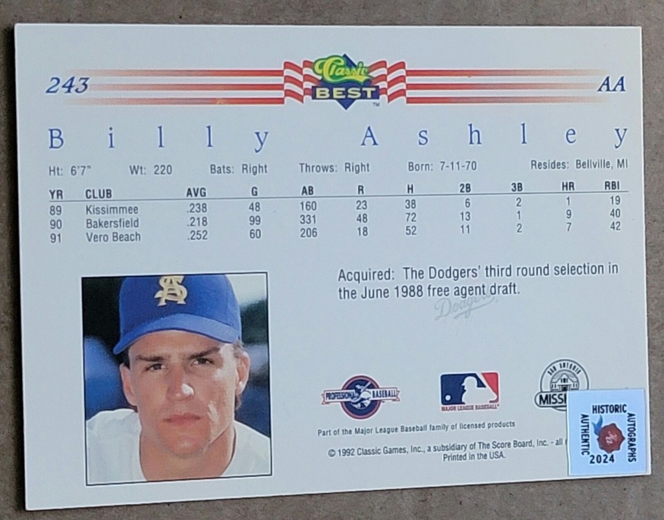 Billy Ashley 1992 Best #243 Auto 2024 Historic Authentic Retrograph 3 ...