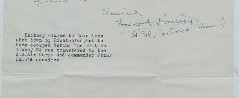 Harold Hartney World War I Ace RAF & 27th Squadron 7 Victories Signed ...