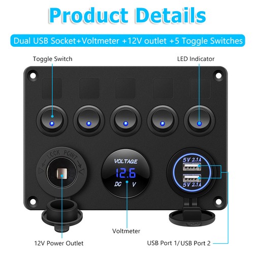 5 Gang 12V Switch Panel 2 USB ON-OFF Toggle for Car Boat Marine RV ...