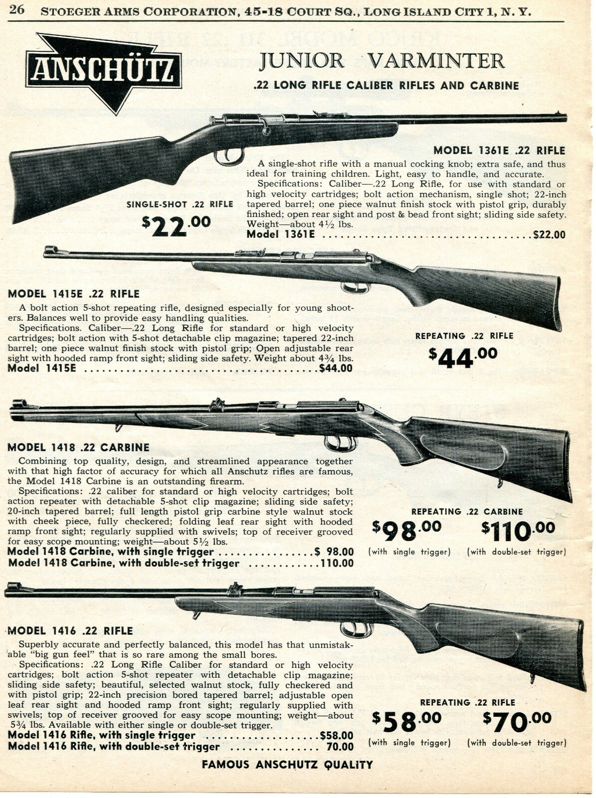 1961 Print Ad of Anschutz Junior Varminter Model 1361E 1415E 1418 1416 ...
