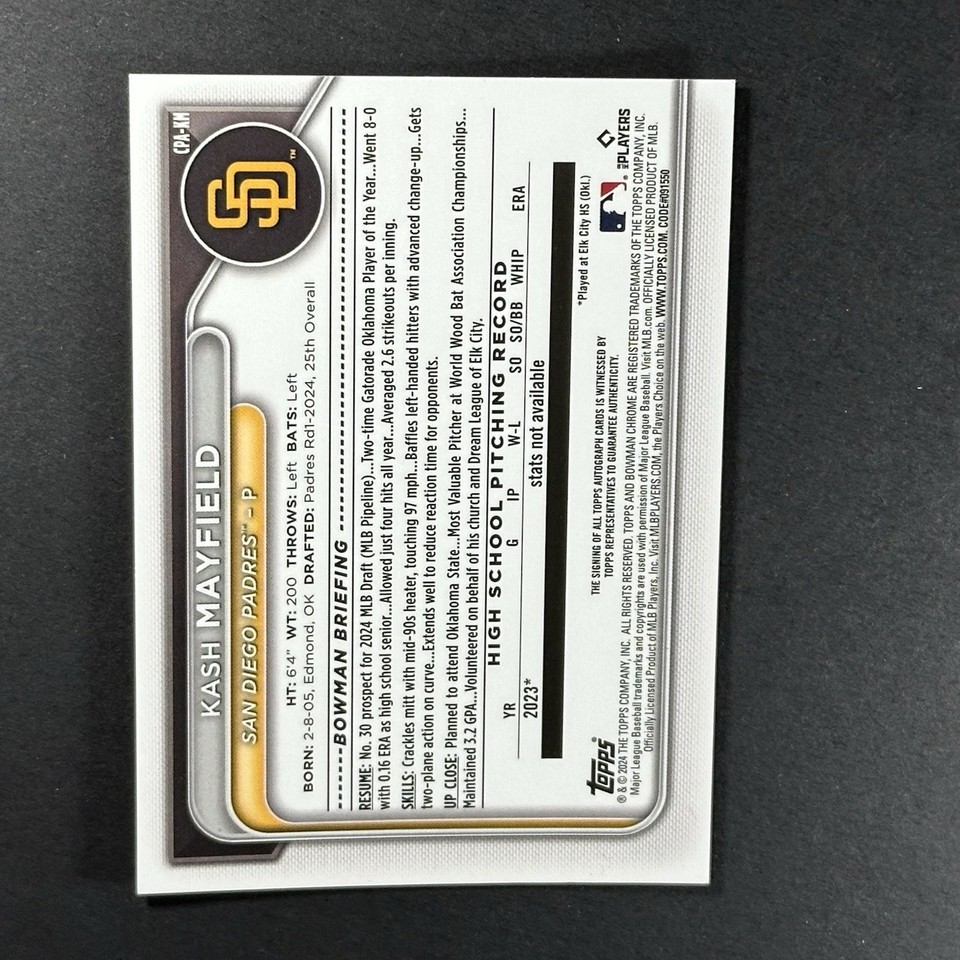 2024 Bowman Draft Sapphire Kash Mayfield 1st Bowman Blue Sapphire Auto ...