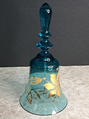 Beautiful Blue Glass Bell With Gold Flowers 7.5 In Tall | eBay
