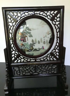 Antique Old Chinese Wood Lacquerware Revolving Screen Double Pictures ...