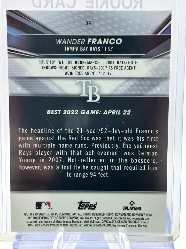 WANDER FRANCO 2022 BOWMANS BEST BASE ROOKIE RC #39 JT | eBay