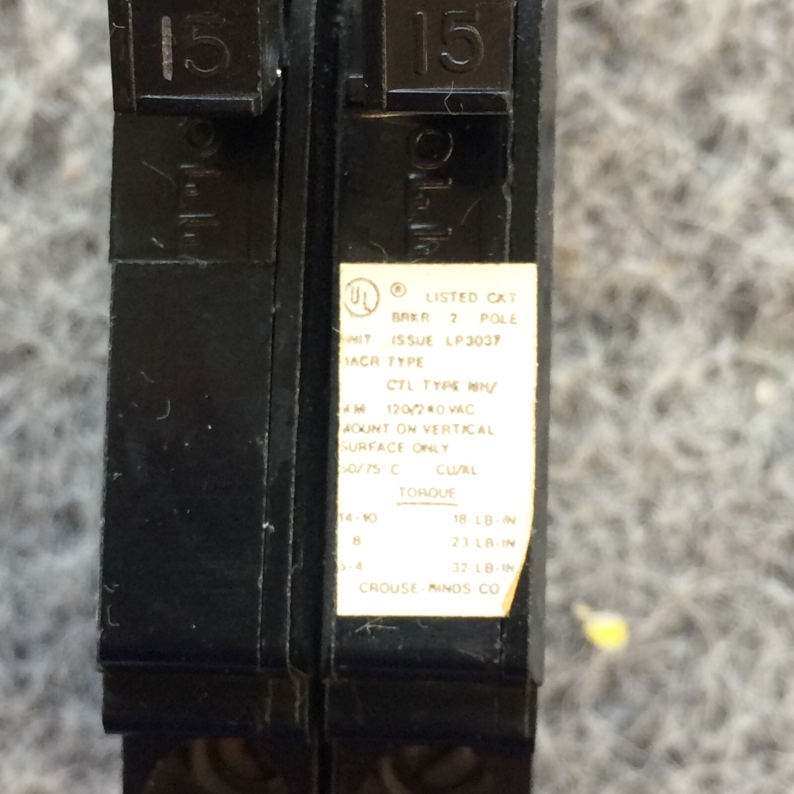 Crouse Hinds Type MP 2 Tandem Pole Circuit Breaker 15a Murray MP1515 ...