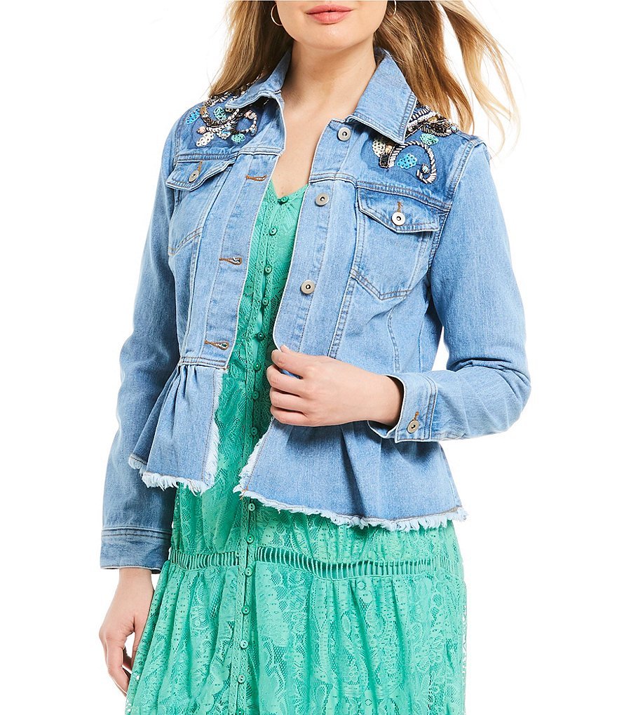 New Reba Painted Desert Embellished Denim Blue Jean Peplum Jacket Top L ...