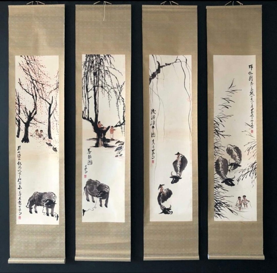 Japanese Hanging scroll Li Kesen Jiangnan Cattle Fourjo folding screen ...