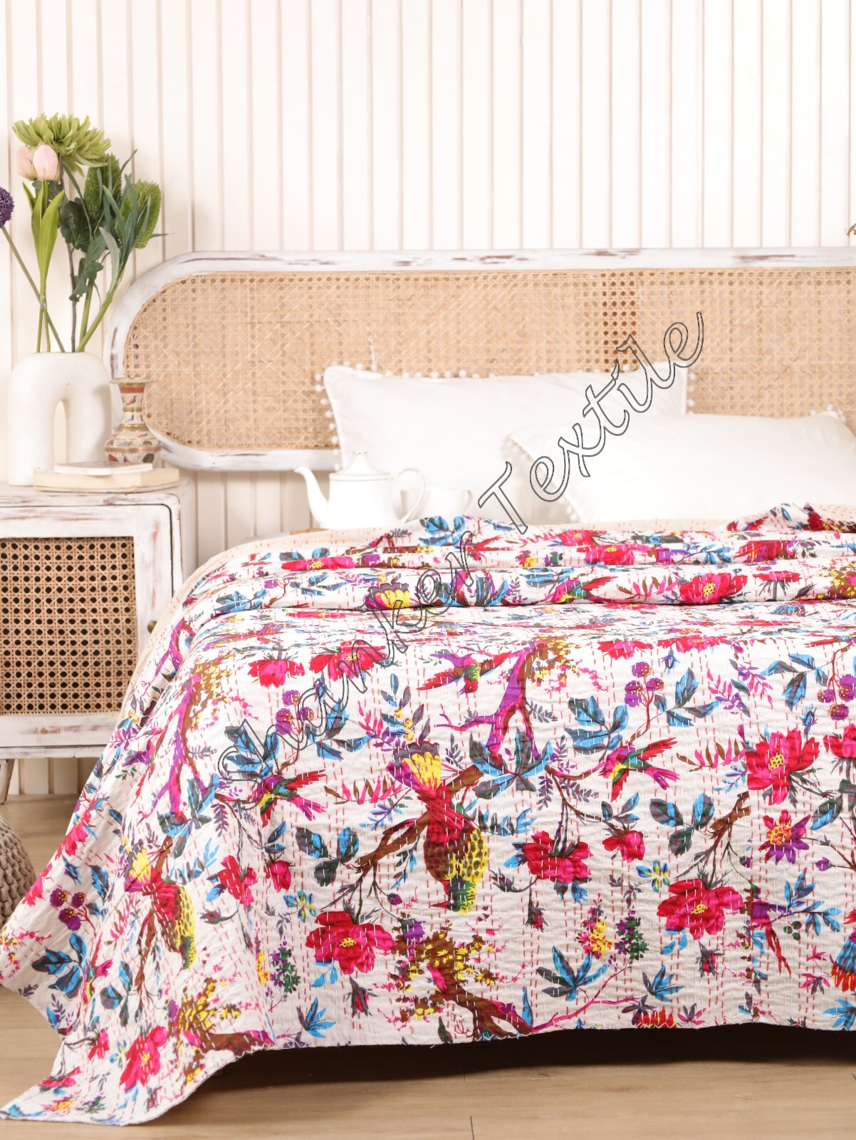 Bird Of Paradise Hand Printed Kantha Quilt Blanket Bedspread Bird Print ...