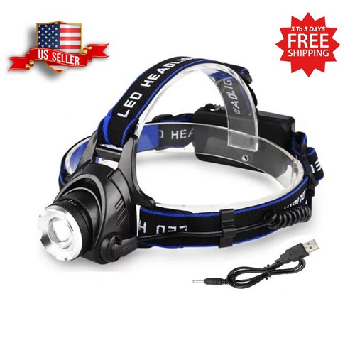 USB LED Chargeable Headlight Head Torch Light Flashlight Zoom Spotlight ...