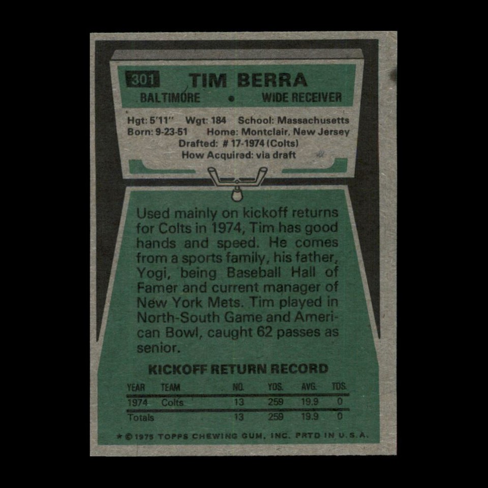 Tim Berra 1975 Topps Rookie Baltimore Colts #301 Great Condition! | eBay