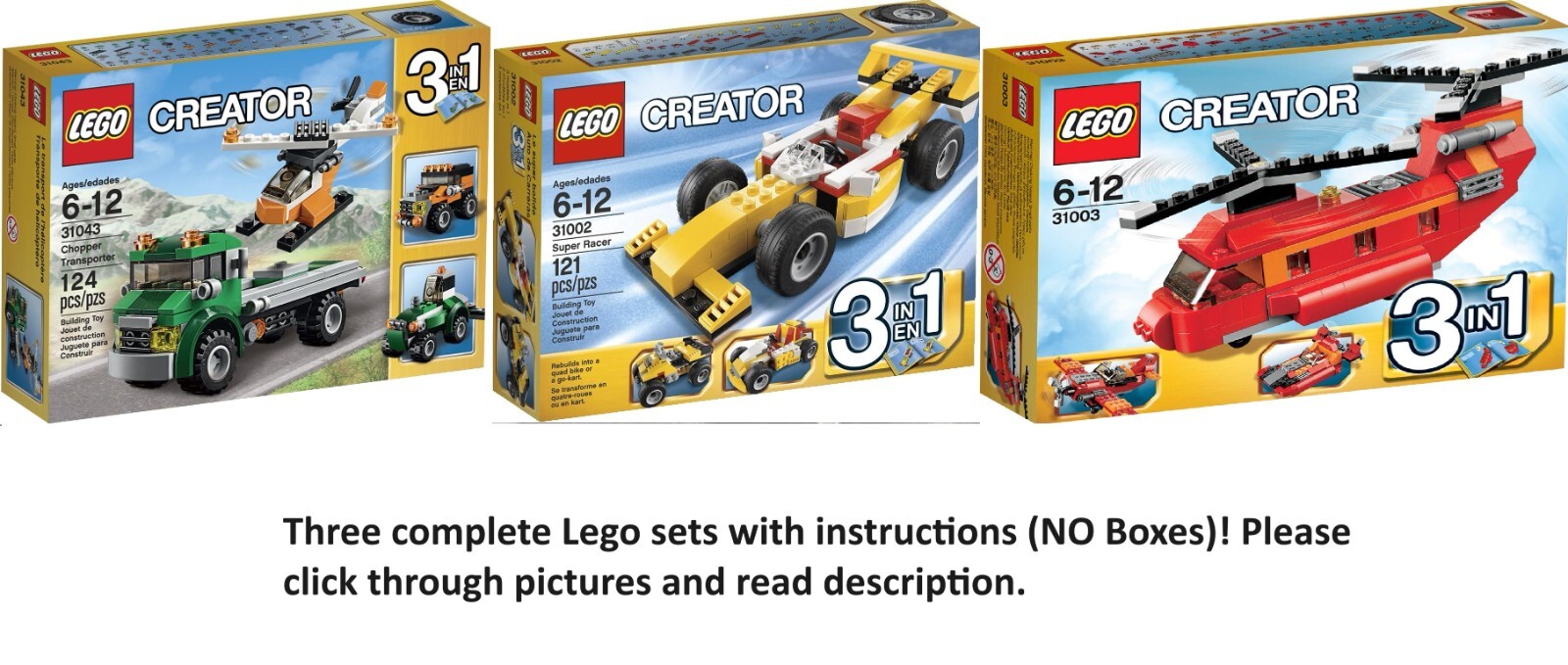 Lego Lot of 3 Complete Sets w/Instr 31043 31002 31003 Helicopter Race ...