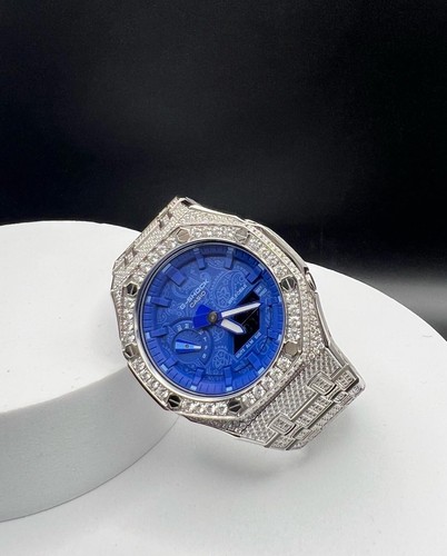 Stainless Steel “BUST DOWN” CZ Casio Oak GA-2100 with Blue Dial | eBay