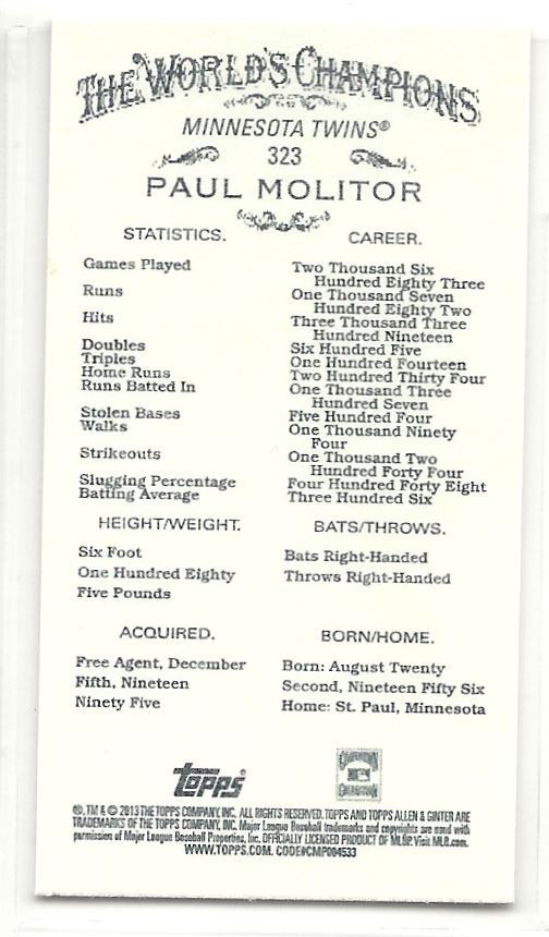 2013 Allen & Ginter Mini Paul Molitor 323 | eBay