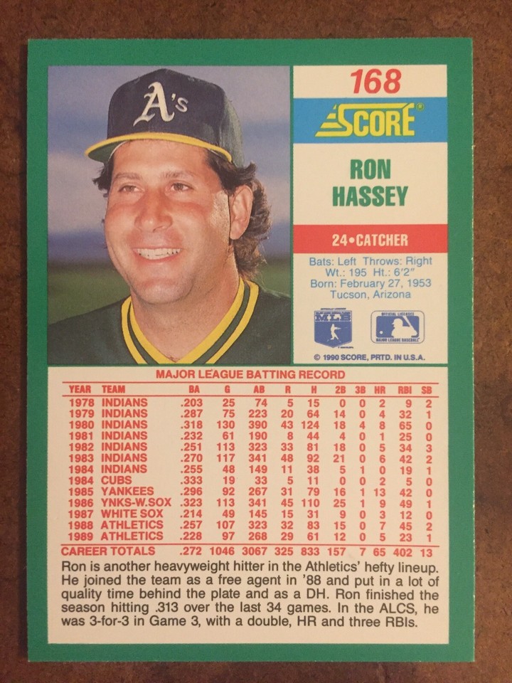 Ron Hassey 168 Score 1990 MLB Baseball Trading Card | eBay