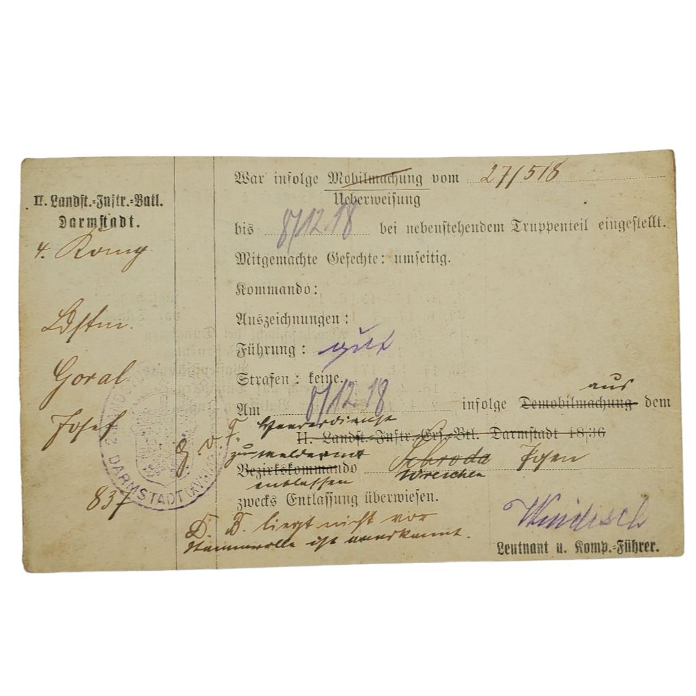 WW1 German Demobilisation Document II Landsturm Inf Darmstadt 1918 ...
