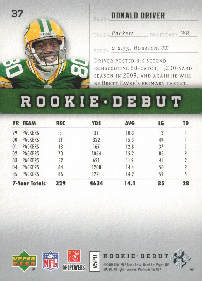 2006 Upper Deck Rookie Debut #37 Donald Driver | eBay