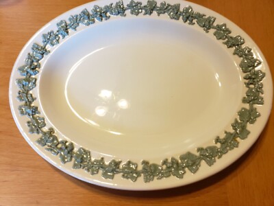 WEDGWOOD EMBOSSED QUEENSWARE Green CELADON On CREAM OVAL SERVING ...