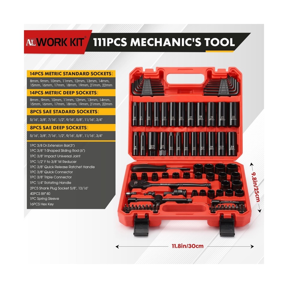 Mechanics Tool Set 111Pcs, Metric(8-15mm) & SAE(5/16"-3/4") Socket Set ...