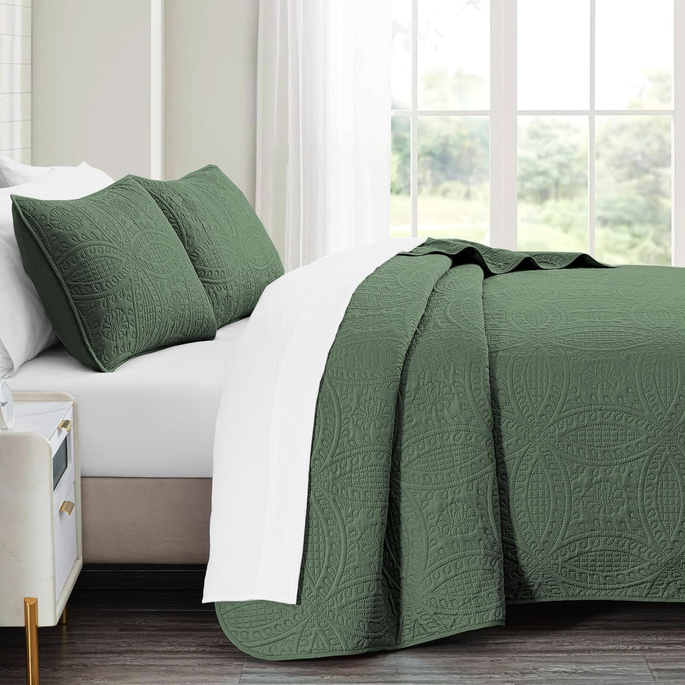 Queen Quilt Bedding Set,Olive Green Ultrasonic Full/Queen Quilt Set ...