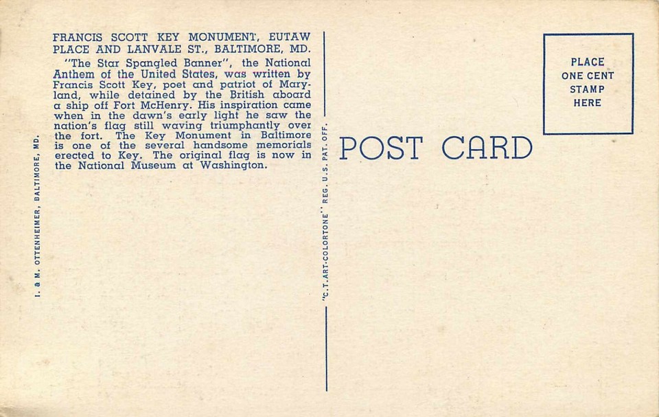Postcard Baltimore Francis Scott Key Monument Linen Unposted | eBay