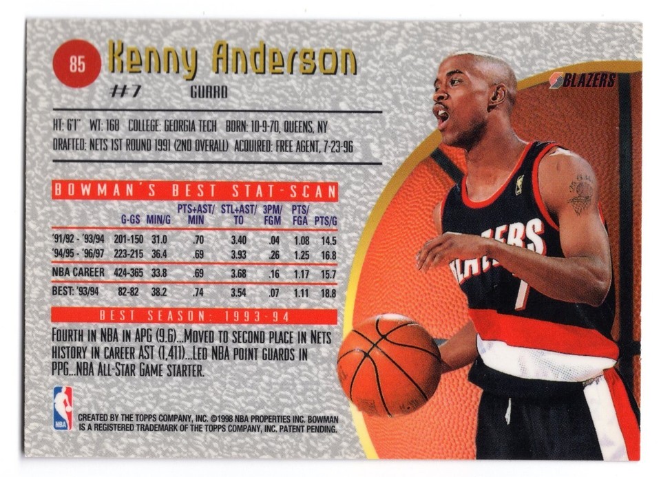 1997-98 BOWMAN'S BEST KENNY ANDERSON CARD #85 **NM-MT** PORTLAND TRAIL ...