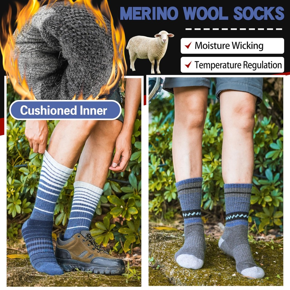 Merino Wool Socks for Men Thermal Winter Warm Hiking Cozy Crew Work ...