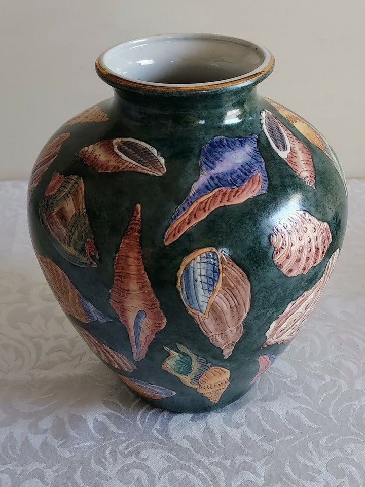 Teal TJ Maxx Textured Sea Shell Porcelain Set Vase Covered Bowl Dish ...