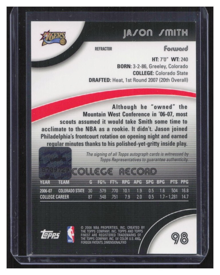 2007-08 Topps Finest Jason Smith Autograph Refractor #98 Philadelphia ...