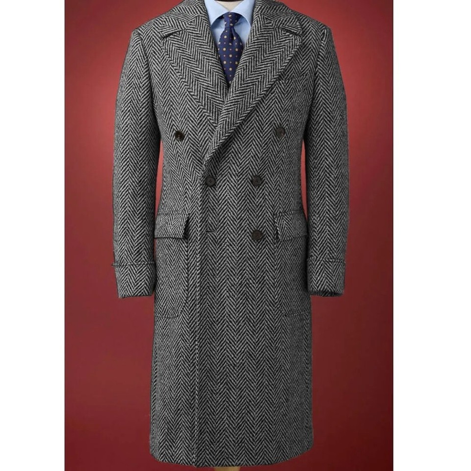Vintage Men's Long Overcoat Herringbone Double Breasted Peak Lapel ...