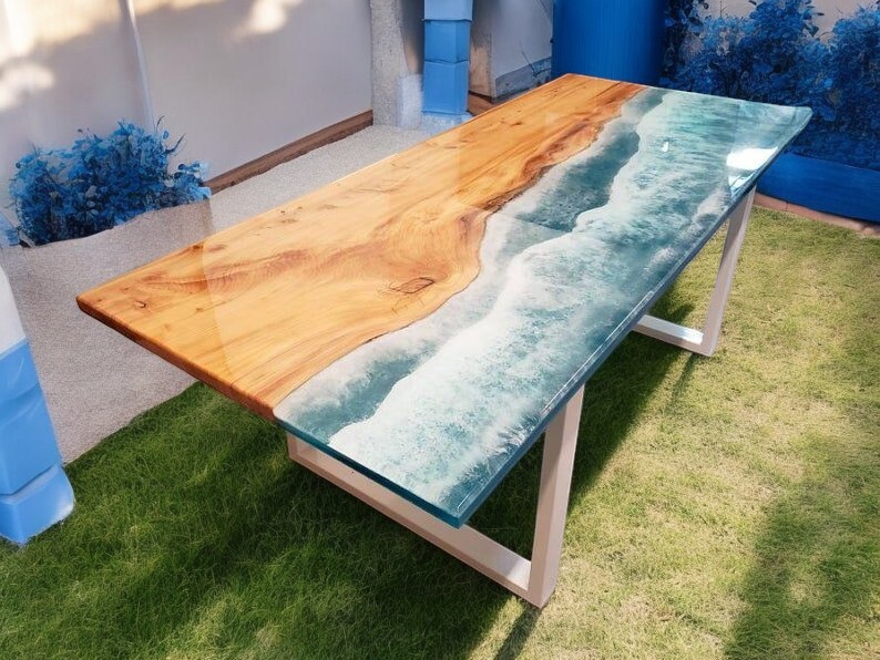 Elegant Ocean Wave Blue Epoxy Dining Table Top Resin Walnut Live Edge ...