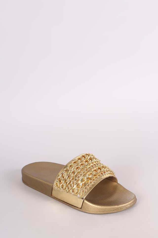 Womens Metallic Chain Link Open Toe Slide Slip On Flat Sandal Flip ...