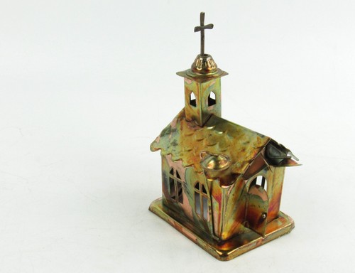 Copper Church Music Box Winds Up Plays Amazing Grace Tin Cross WORKS ...