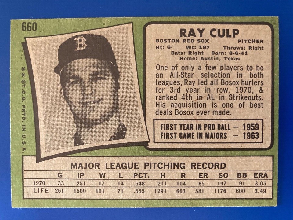 1971 topps baseball #660 Ray Culp Boston Red Sox EX | eBay