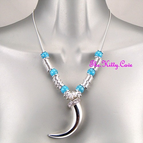 Silver Tribal Horn Tooth Tusk Claw Safari Necklace w Genuine Turquoise ...