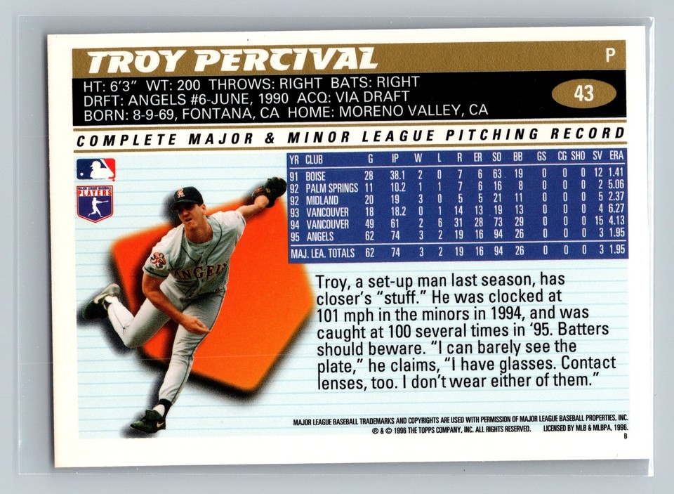 1996 Topps Troy Percival #43 California Angels | eBay