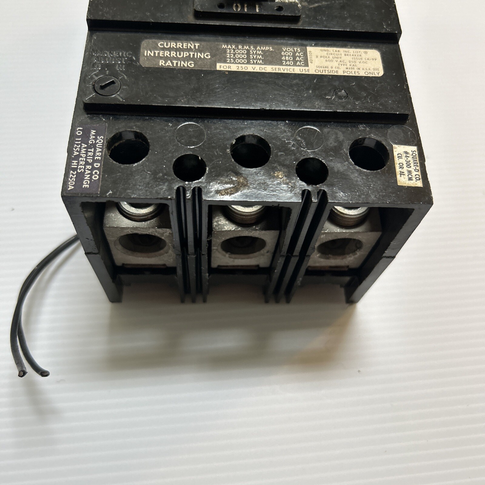 SQUARE D KAL-36225-1021 225 AMP 600/480 VOLT SHUNT TRIP CIRCUIT BREAKER ...