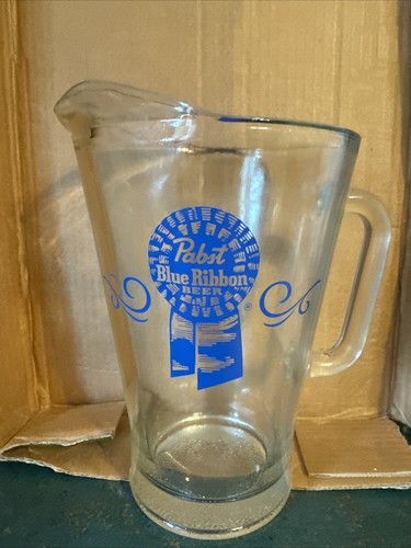 VTG Pabst Blue Ribbon Glass Pitcher Beer Advertising Heavy Spout 9 1/8 ...