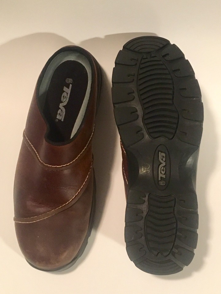 Women’s Teva Brown Leather Shoes 6860 Slip On Mules Slides Loafer Clogs ...