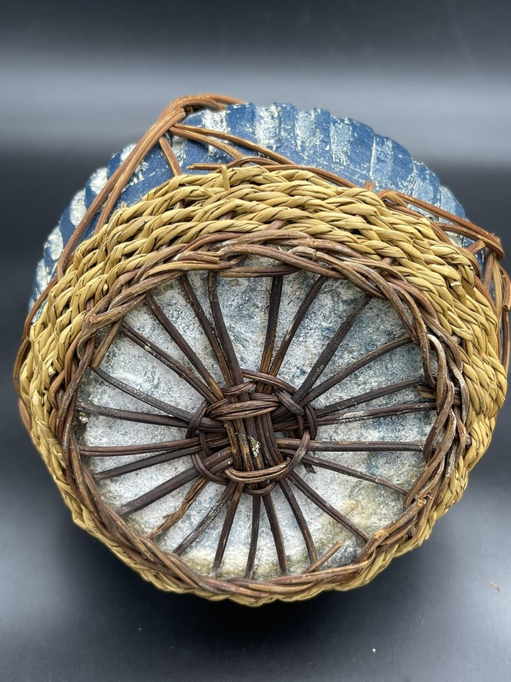 Vtg Large Handmade Blue Terracotta Rattan Vase Pottery Jar Console ...