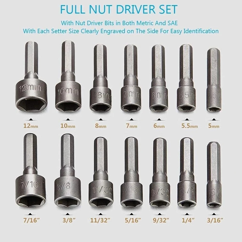 14pc POWER NUT Driver Bit Set Dual 1/4 Quick Change SAE & Metric MM ...